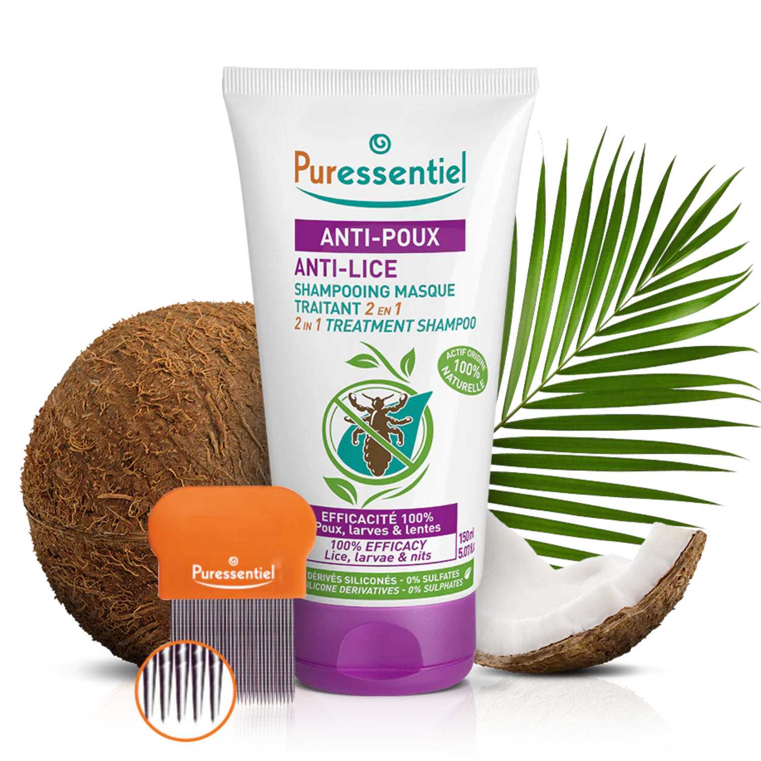 Anti-Poux, Shampooing masque traitant 2 en 1 avec peigne - 150 ml ...